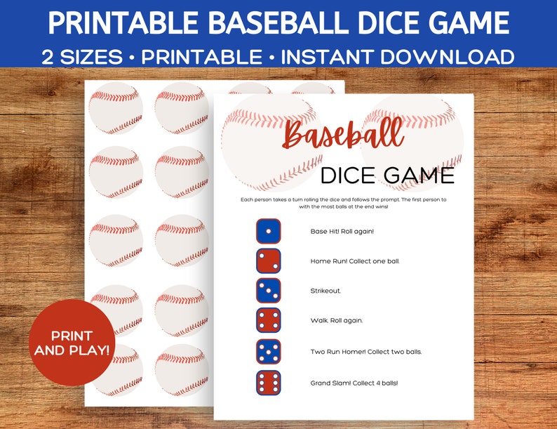 Printable Baseball Dice Game, Baseball Party Activity, Baseball ...