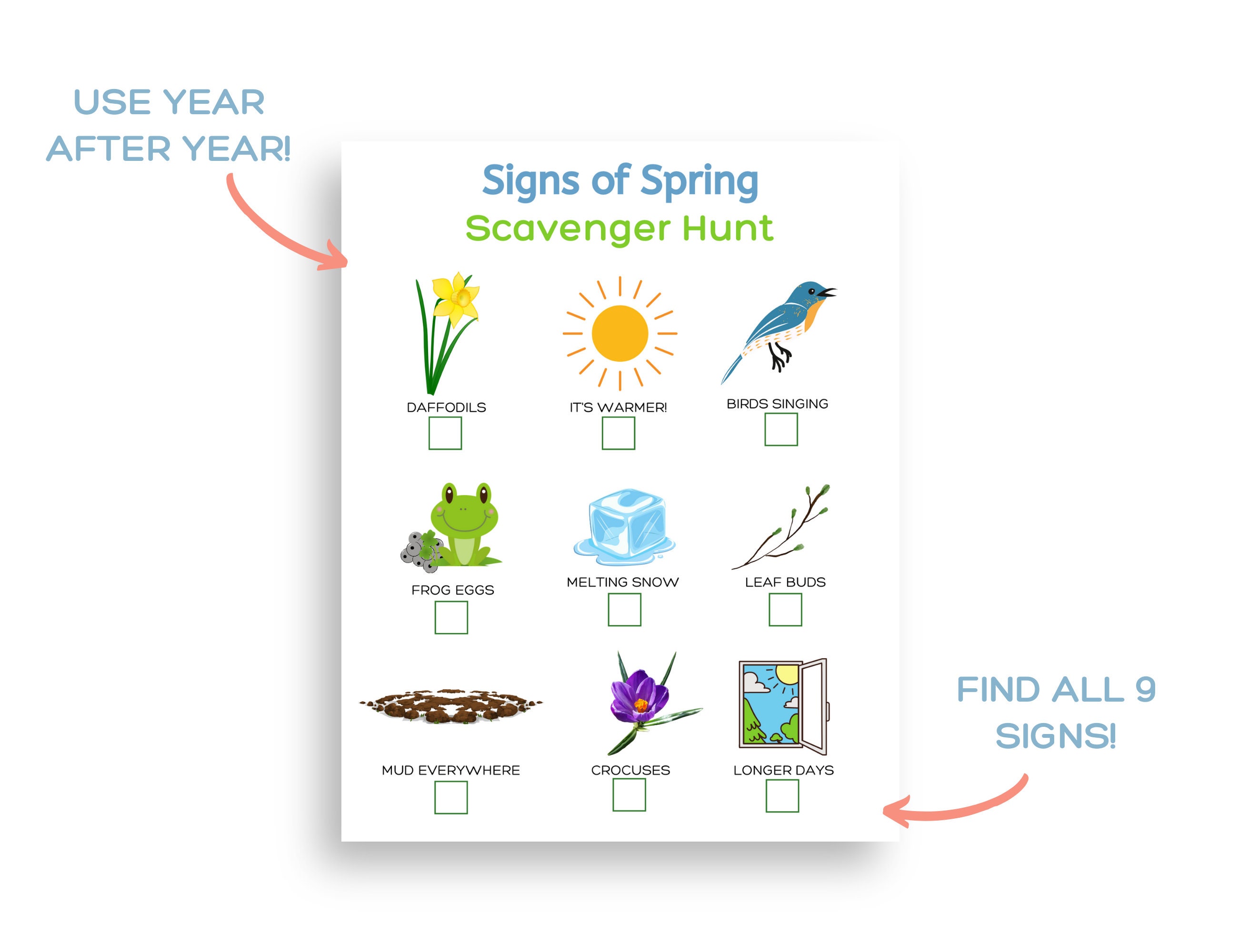 Signs of Spring Scavenger Hunt Printable, First Day of Spring Game for ...