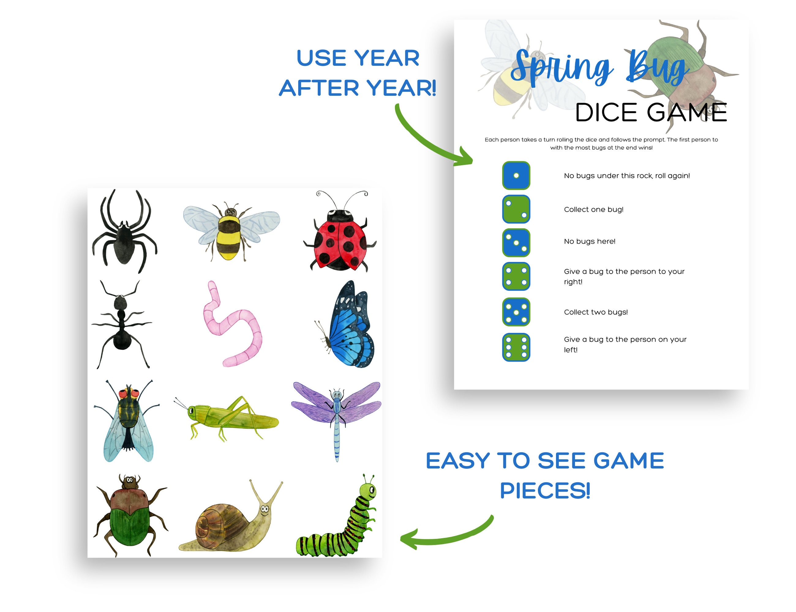 Spring Bugs Dice Game, Spring Insects Dice Game, Premier jour d ...