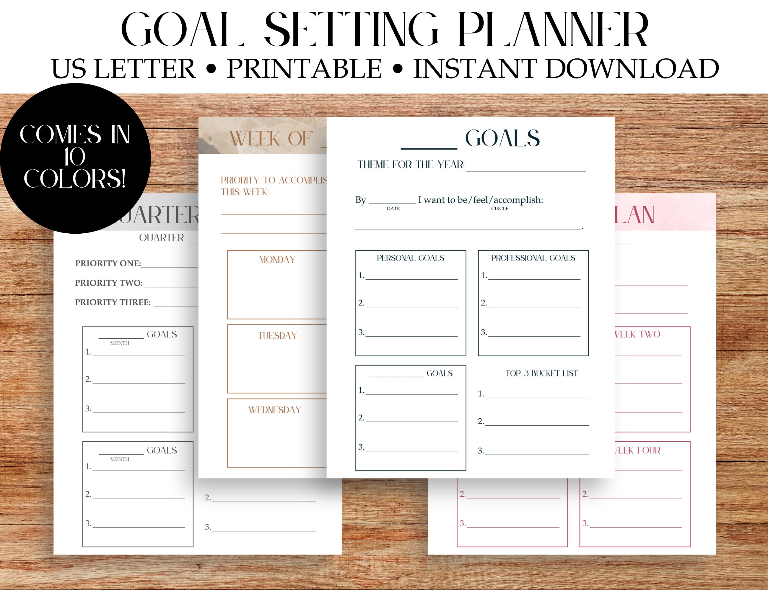 2023 New Years Goal Setting Planner Printable Bundle in 10 Colors and ...