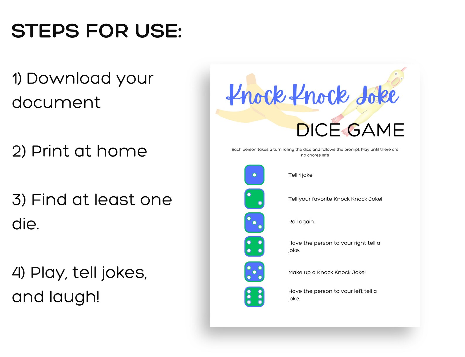 Knock Knock Joke Dice Game Printable, Family Game Night, April Fools ...