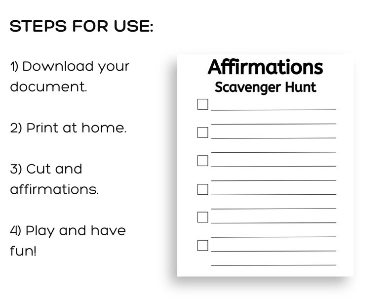 Positive Affirmations Scavenger Hunt, Positive Affirmations for Kids ...