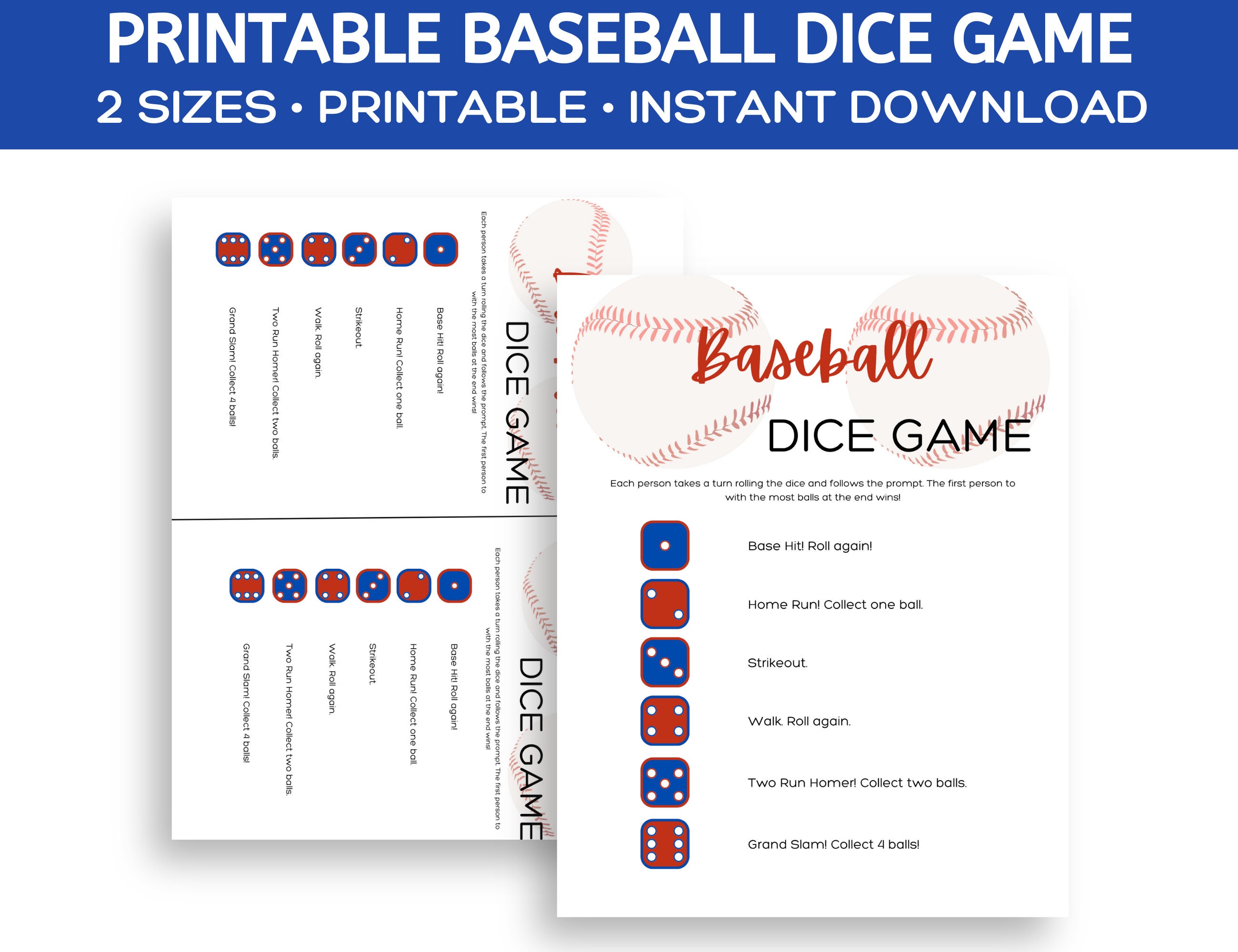 Printable Baseball Dice Game, Baseball Party Activity, Baseball ...