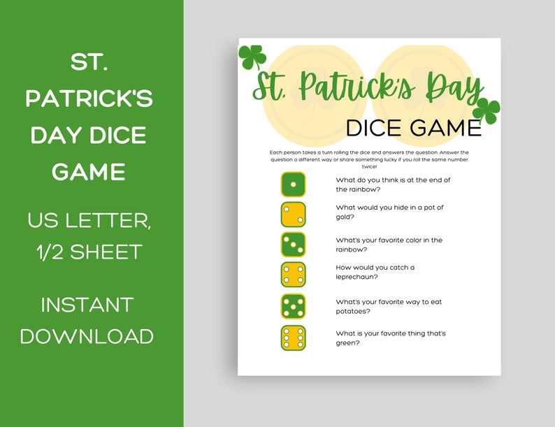 St. Patrick's Day Dice Game, St. Paddy's Day Game, St. Patrick's Day ...