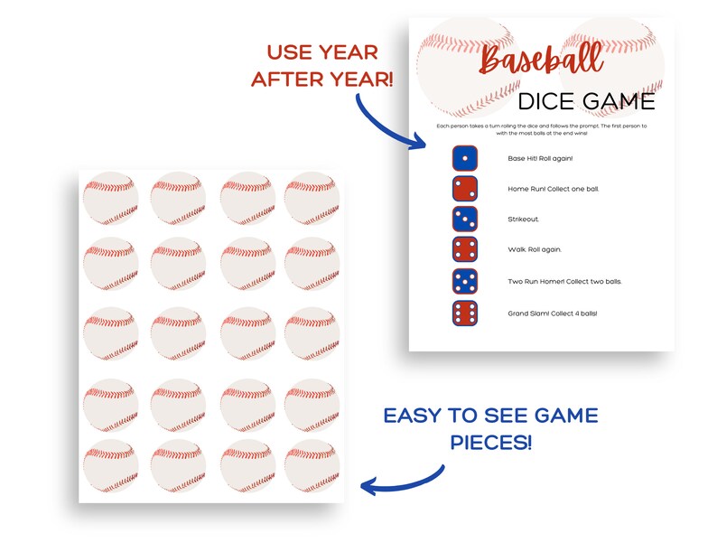 Printable Baseball Dice Game, Baseball Party Activity, Baseball ...