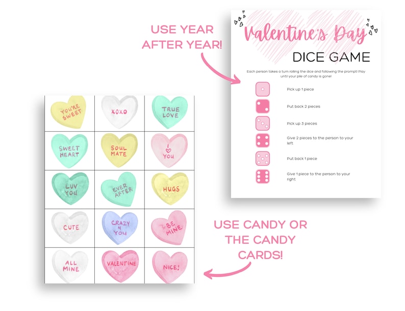 Valentine's Day Candy Dice Game, Valentine's Day Candy Party Game ...