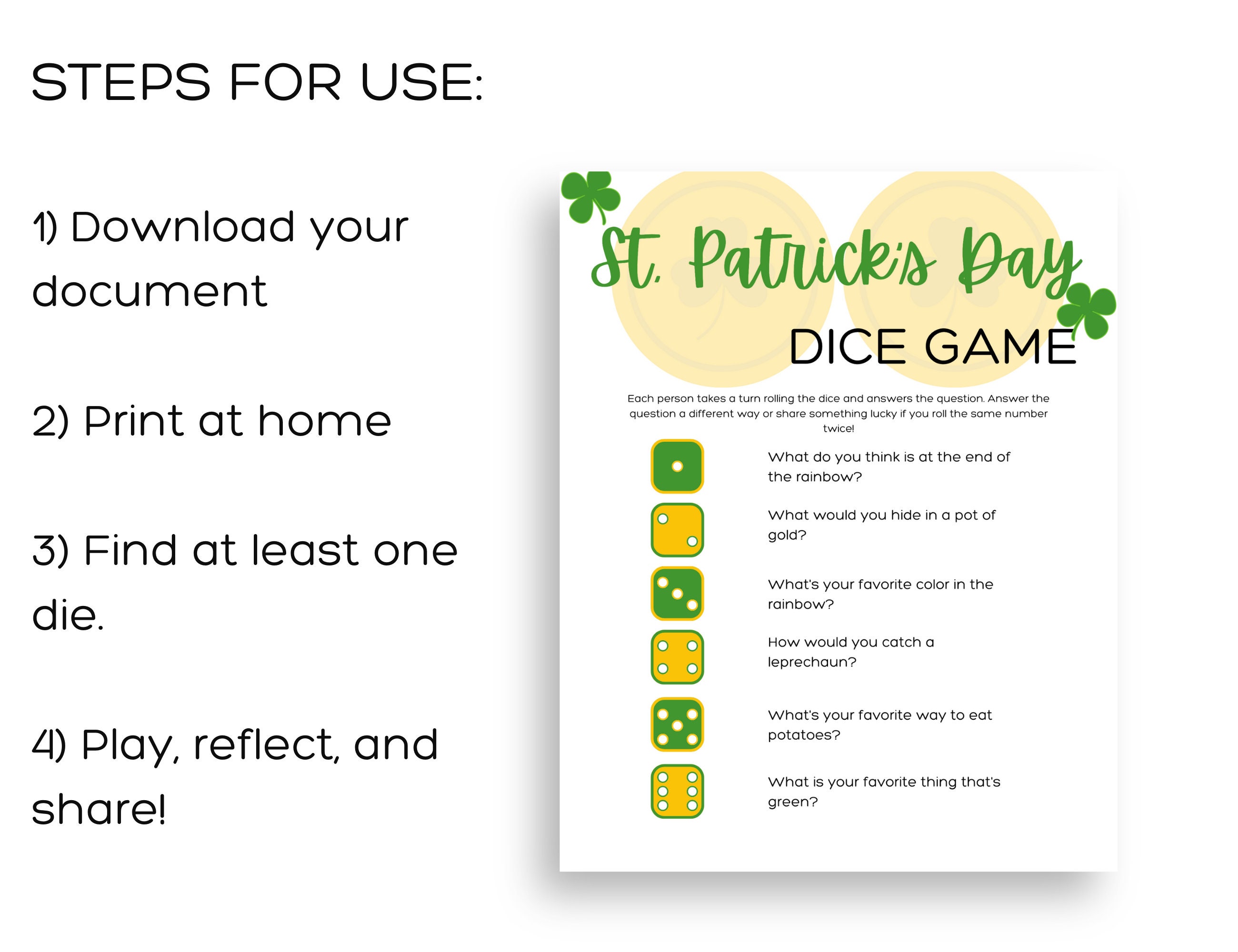 St. Patrick's Day Dice Game, St. Paddy's Day Game, St. Patrick's Day ...
