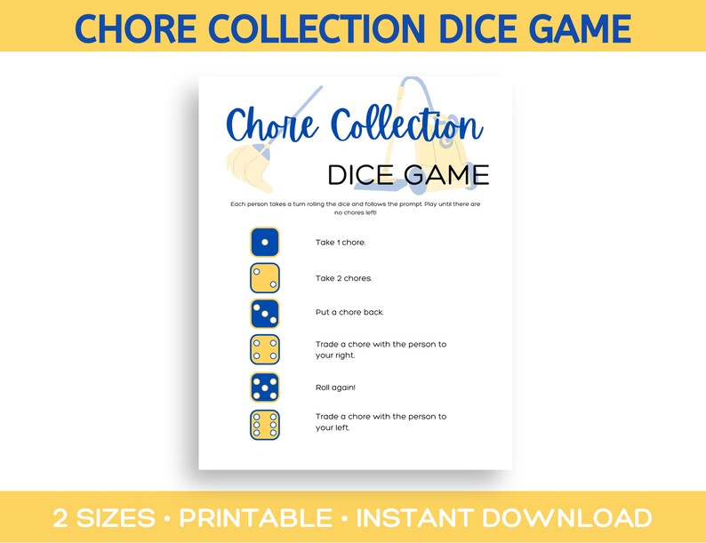 Chore Collection Dice Game Printable, Family Game Night (digital ...