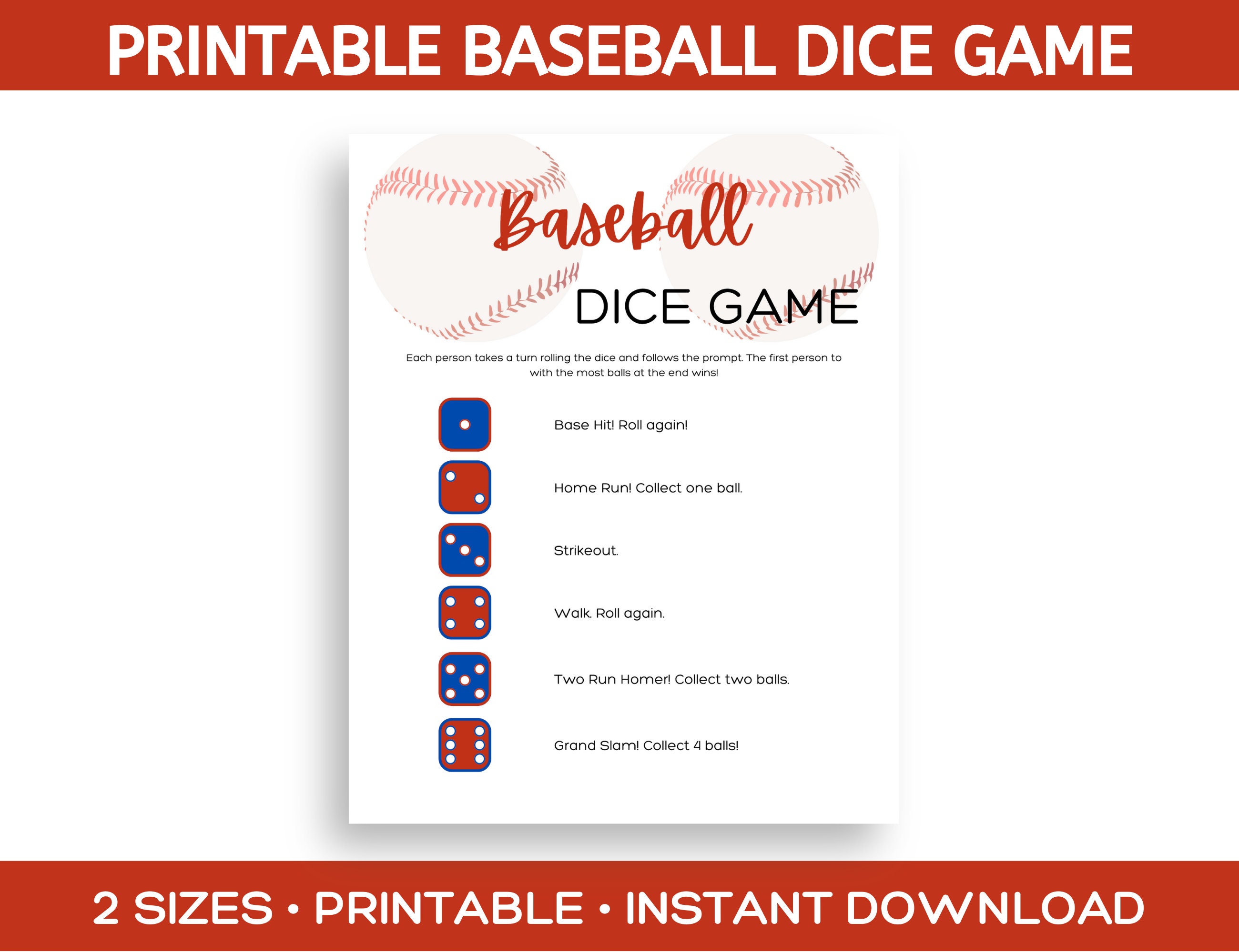 Printable Baseball Dice Game, Baseball Party Activity, Baseball ...