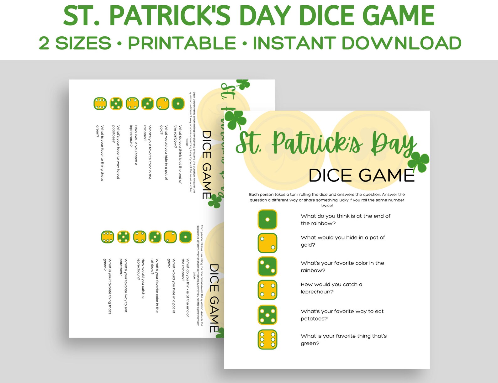 St. Patrick's Day Dice Game, Printable Party Center (digital Download ...