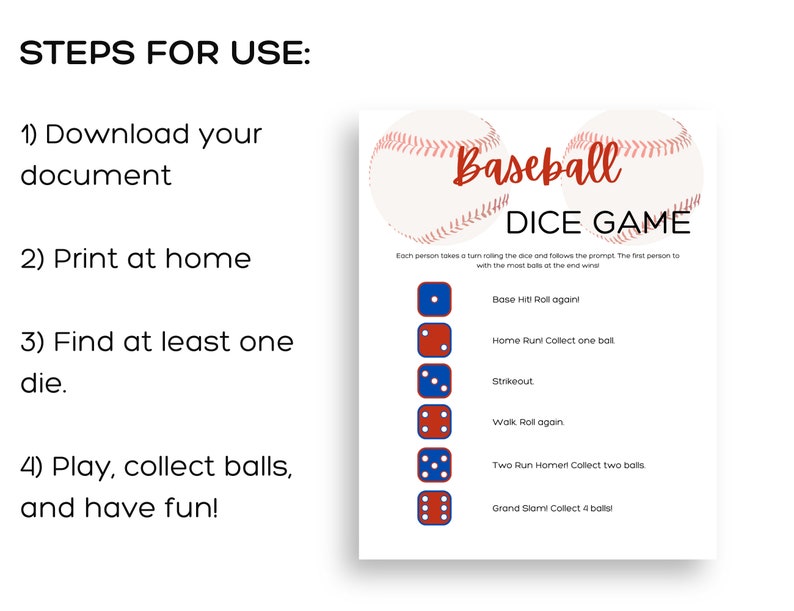 Printable Baseball Dice Game, Baseball Party Activity, Baseball ...