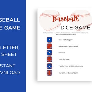 Printable Baseball Dice Game, Baseball Party Activity, Baseball ...