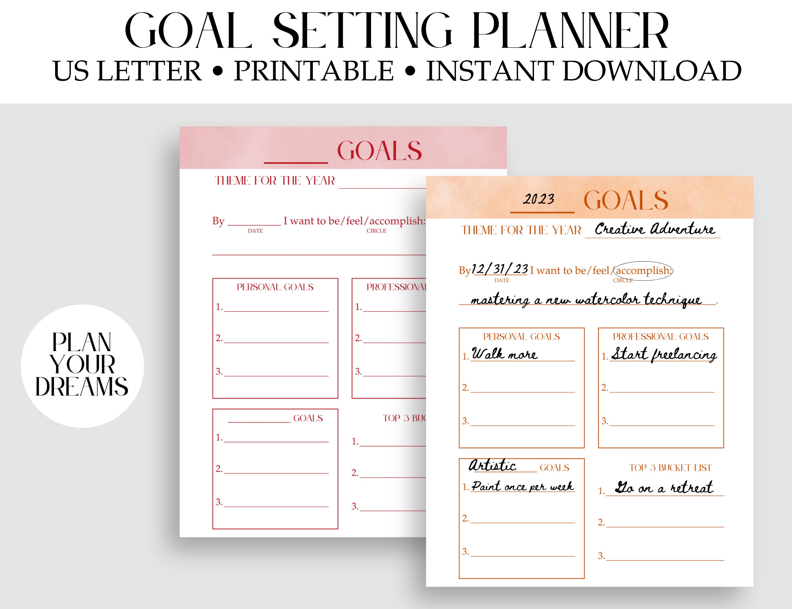 2023 New Years Goal Setting Planner Printable Bundle in 10 Colors and ...