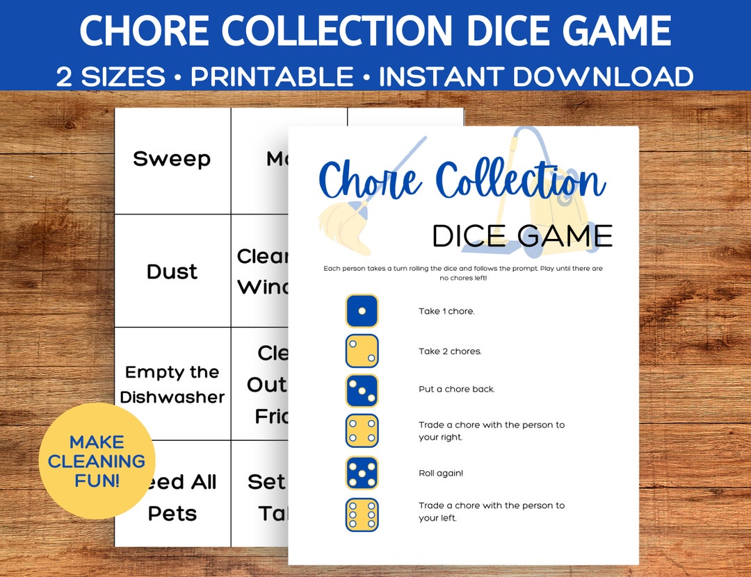 Chore Collection Dice Game Printable, Chore Chart for Kids, Family ...