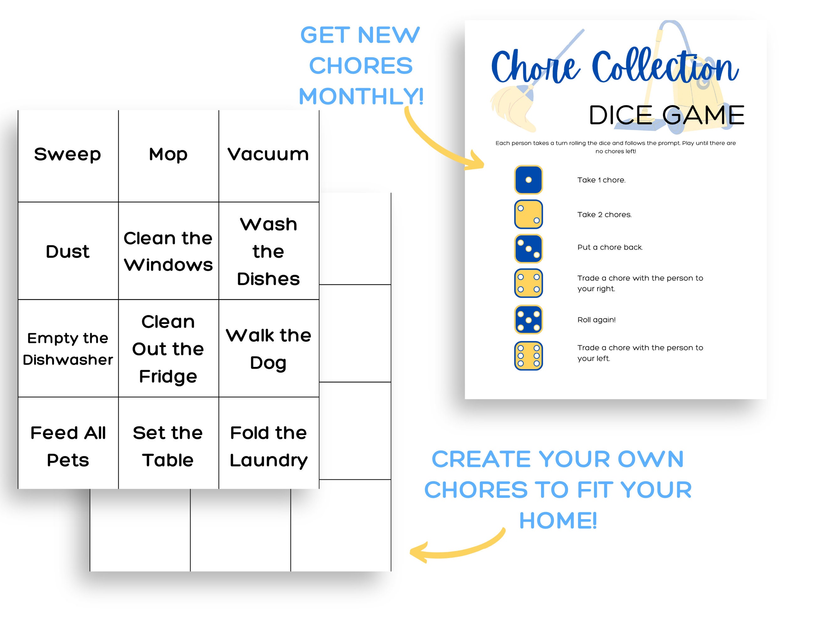 Chore Collection Dice Game Printable, Chore Chart for Kids, Family ...
