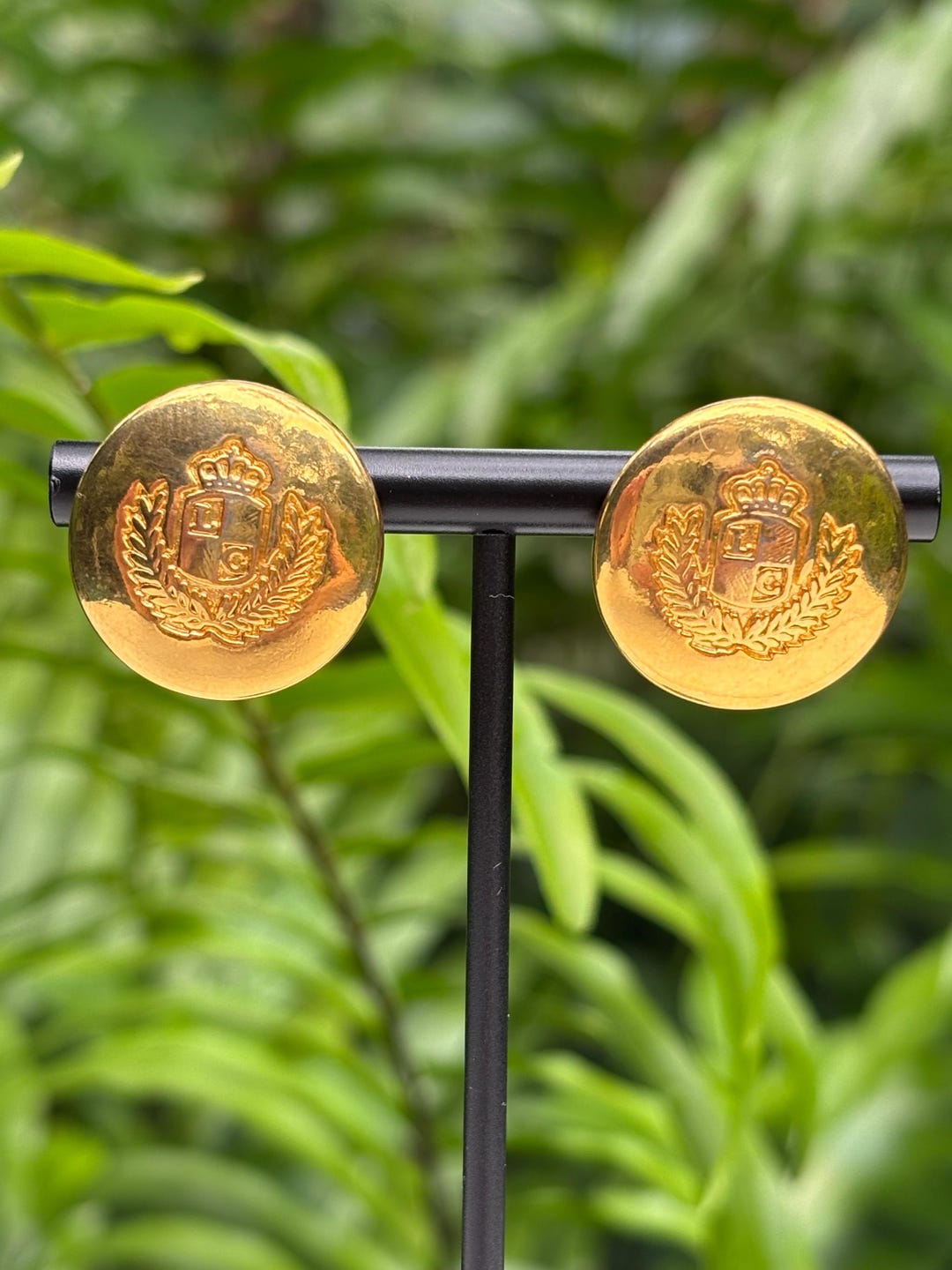 1990s Liz Claiborne Brass Emblem Button Style Post Earrings - Etsy