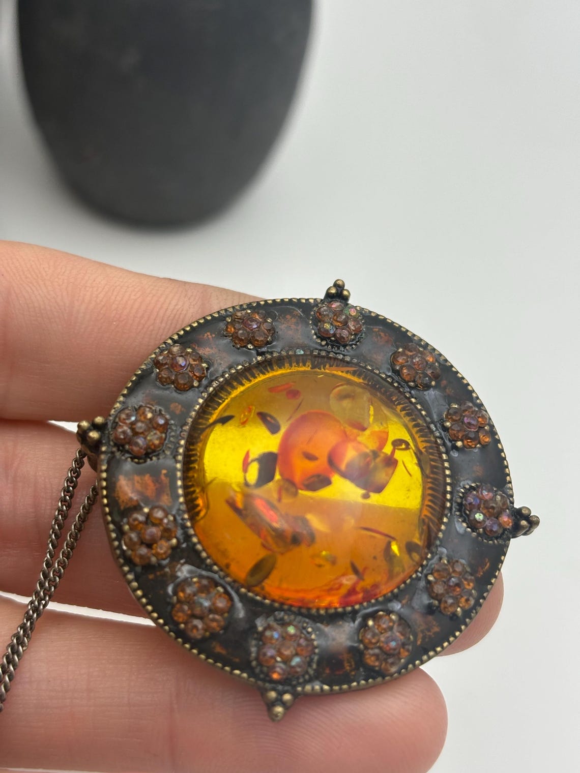 Amber Resin and Enamel Round Pendant Vintage Merlite Brand Jewelry From ...