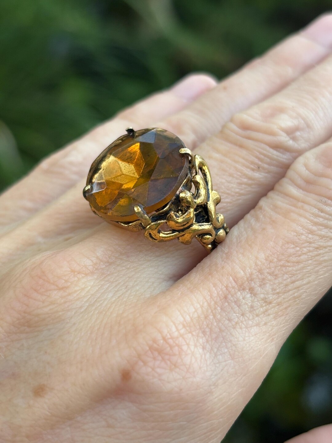 Brass Filigree and Amber Rhinestone Vintage Adjustable Ring Made in ...