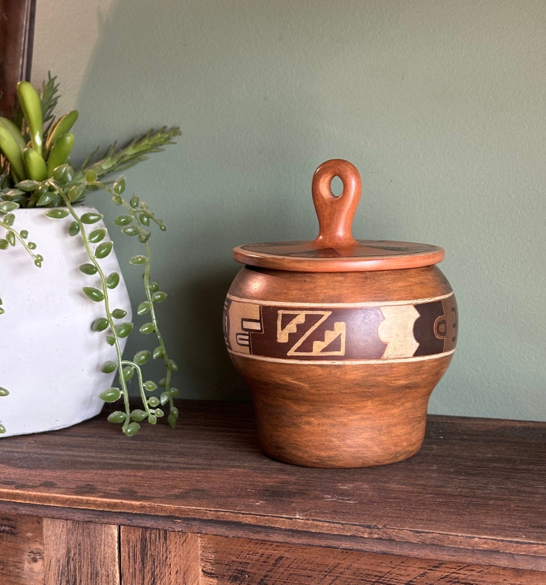 Vintage Bolivian Studio Redware Hand Painted Pot With Lid Signed ...