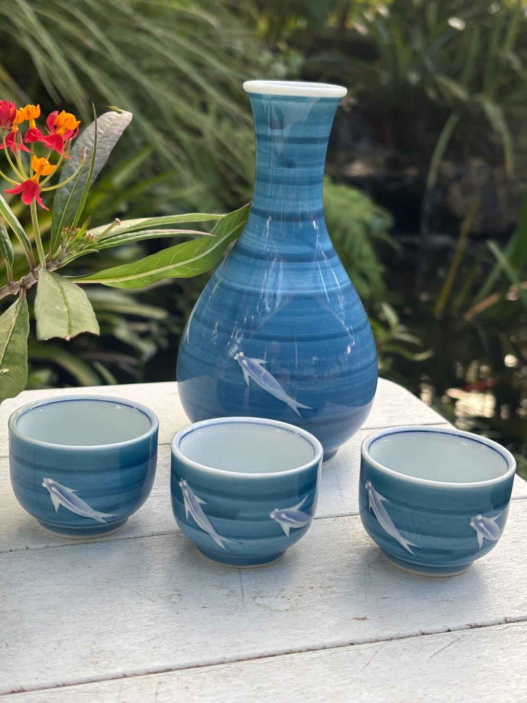 Vintage Koi Fish Blue and White Hakeme Style Ceramics 4 Pieces Vintage ...