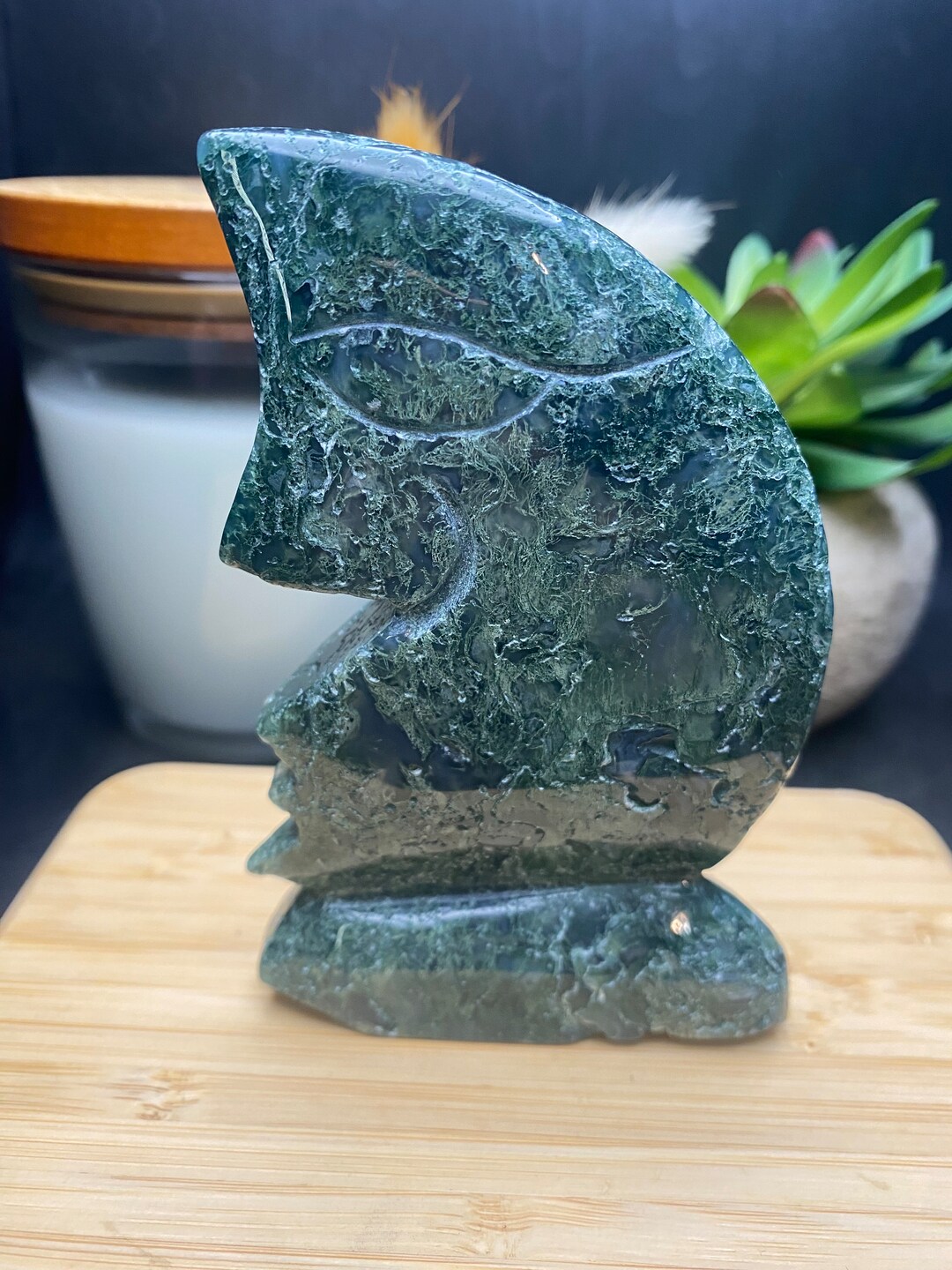 Moss Agate Moon Face Carving Large. 4in Natural Green Moss Agate ...