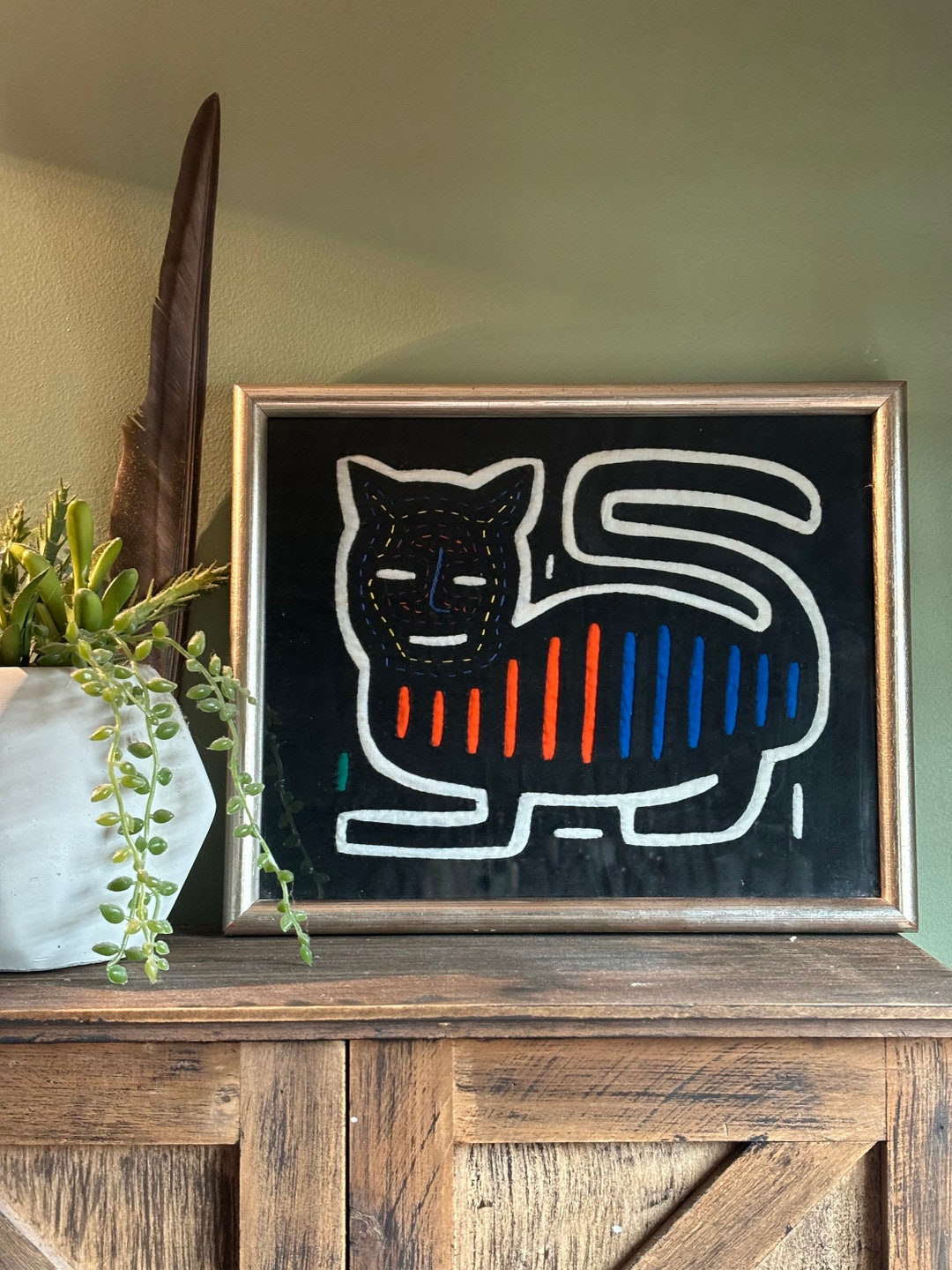 Mola Cat Framed Wall Hanging. Vintage Mola Cat Hand Stitched Mexico ...