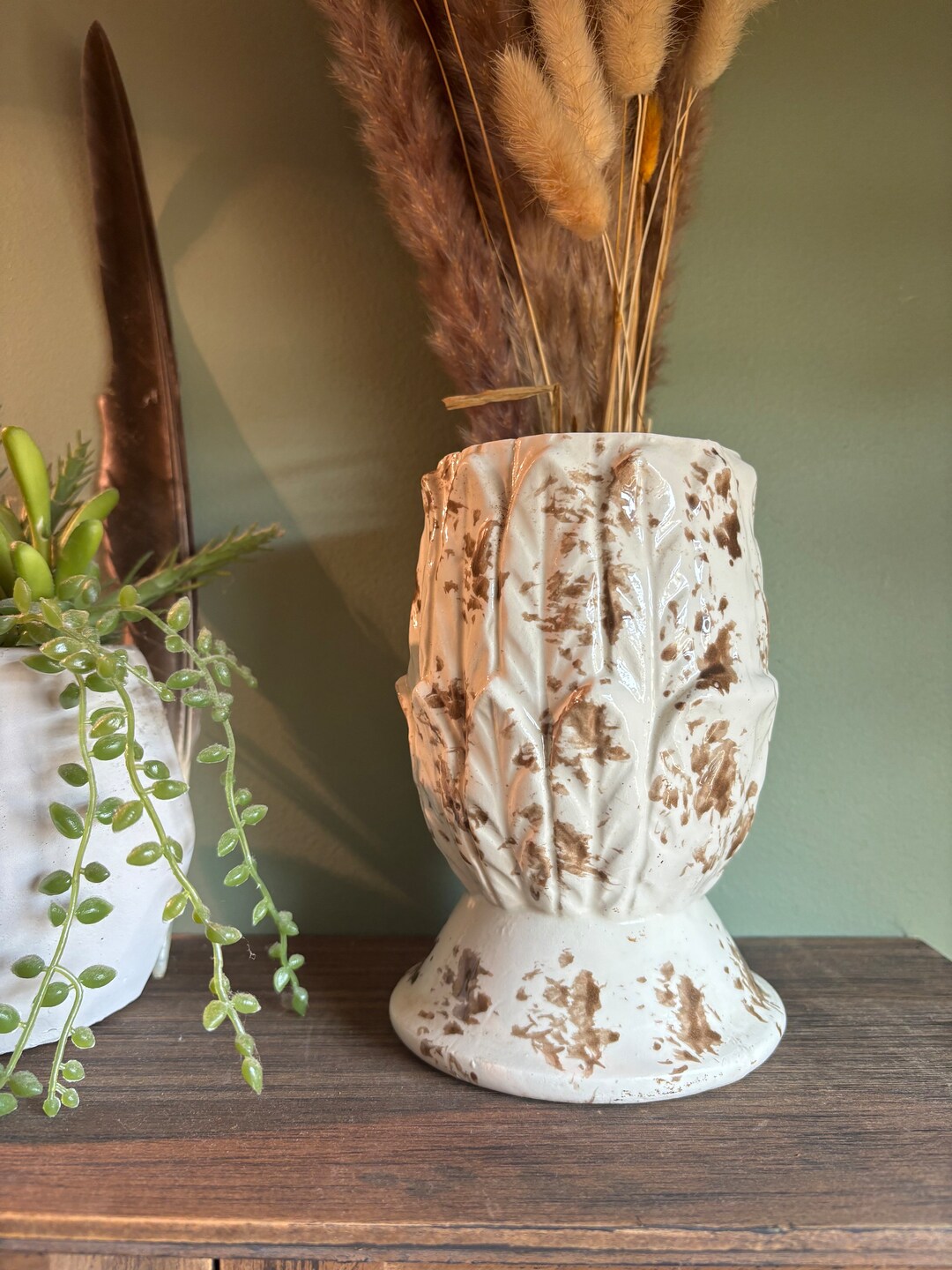 1950s Feather Footed White and Brown Spatterware Vase Etched on Bottom ...