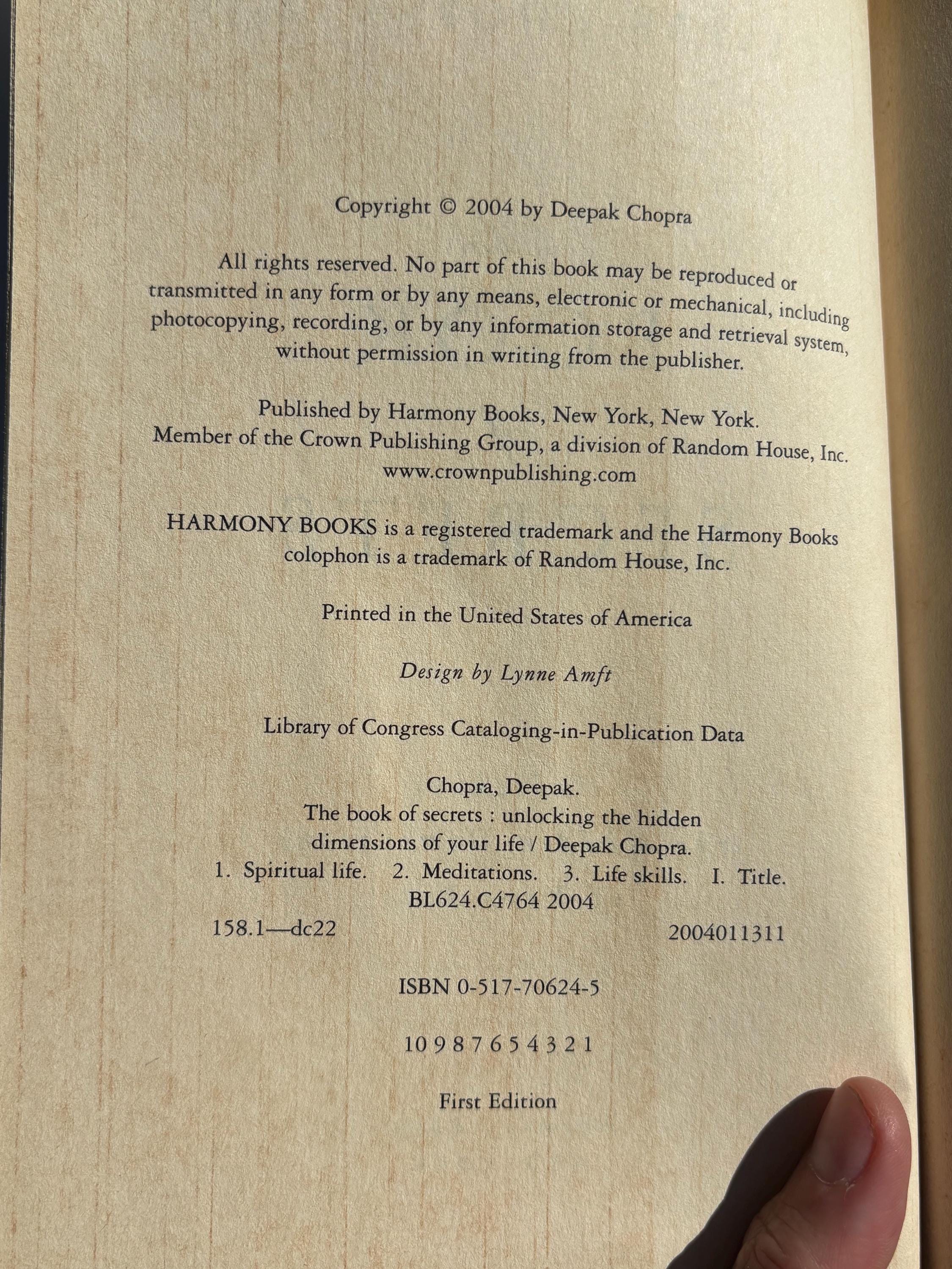 First Edition the Book of Secrets by Deepak Chopra Metaphysical ...