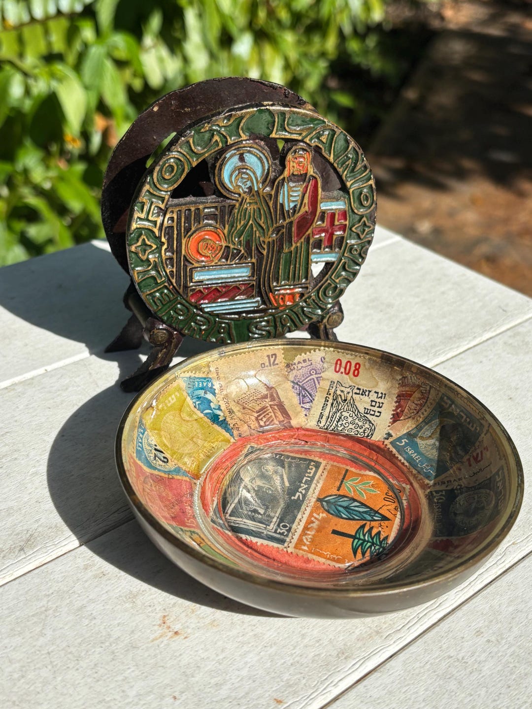 Vintage Brass Israeli Stamp Bowl & Enamel Paper Holder: Holy Land ...