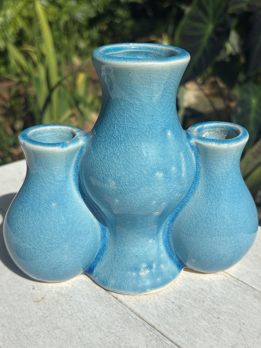 Vintage Triple Bud Vase in Ice Blue Glazing, Unique Mid Century Joined ...