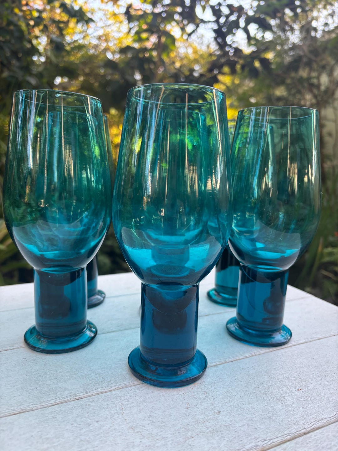 Teal Thick Stemmed Hand-blown Mid Century Large Water or Wine Goblets ...