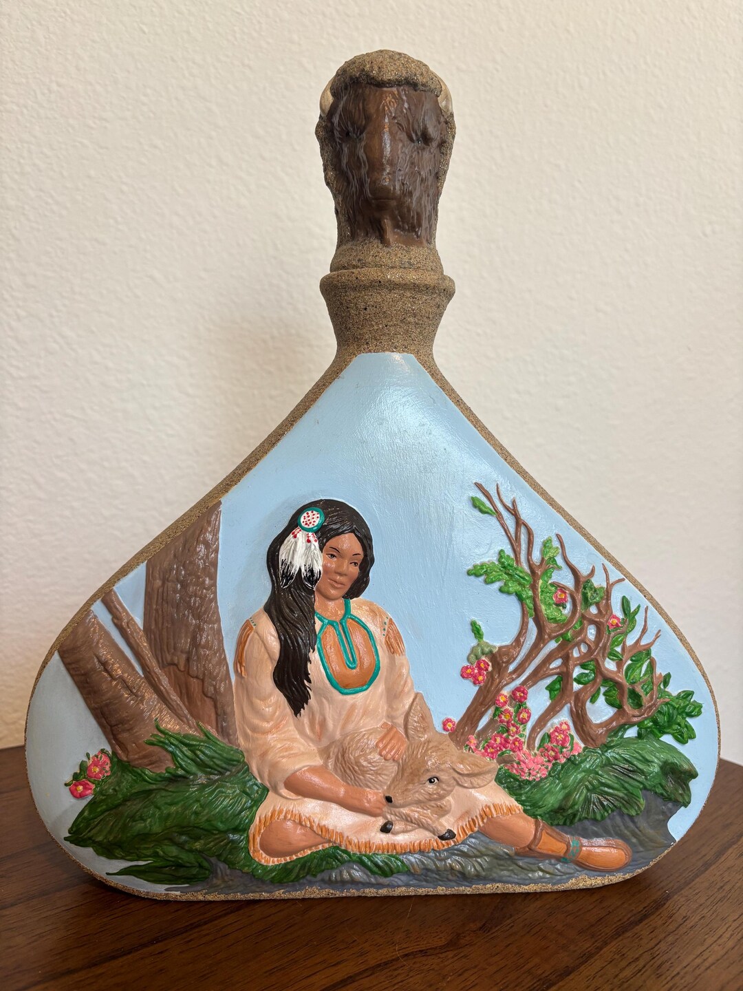 1980s Native American Woman Large Ceramic Flask With Buffalo Head ...