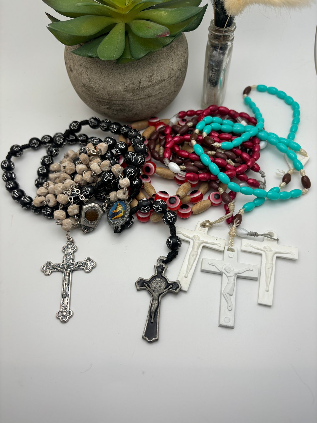 Rosary Plastic Beaded Necklaces and Evil Eye Necklace Set. Vintage Lot ...