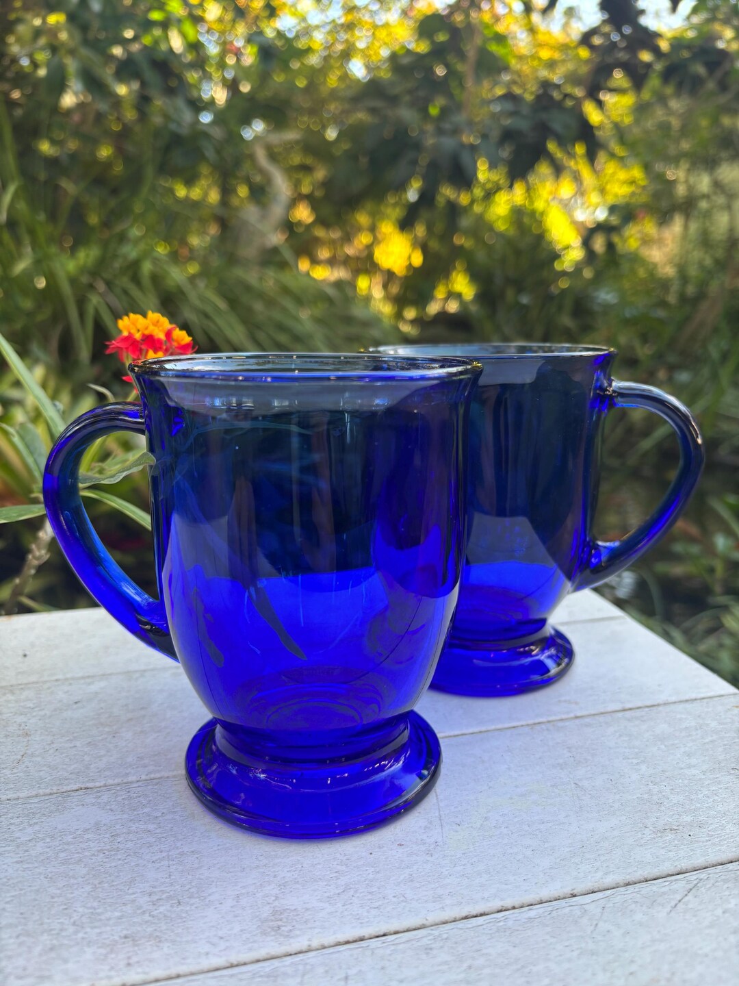 Cobalt Blue Footed Vintage Glass Mug Set by Anchor Hocking, Set of 2 ...