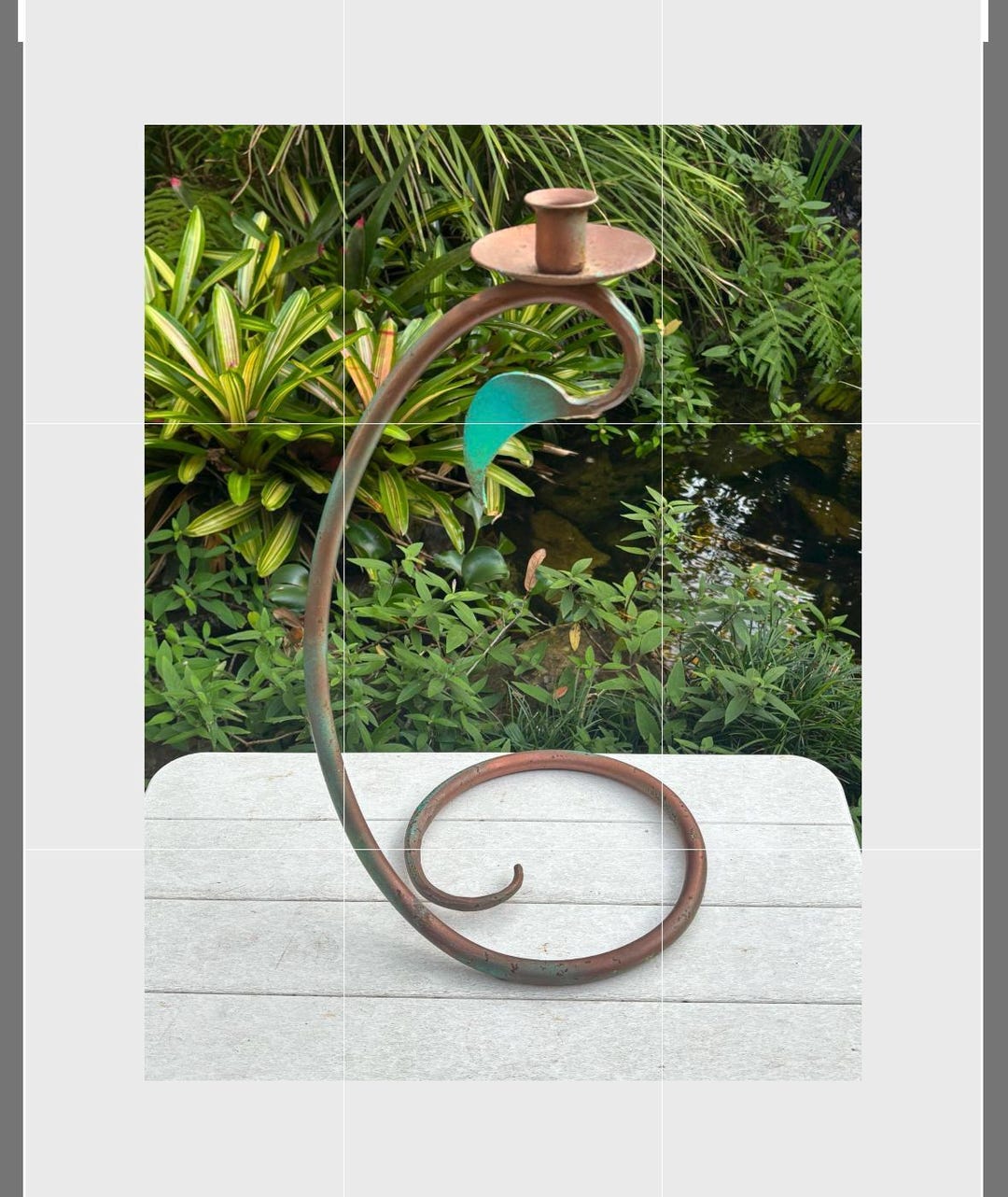 XL Copper Hammered Pipe Green Patinaed Accents With Leaf Large Candle ...