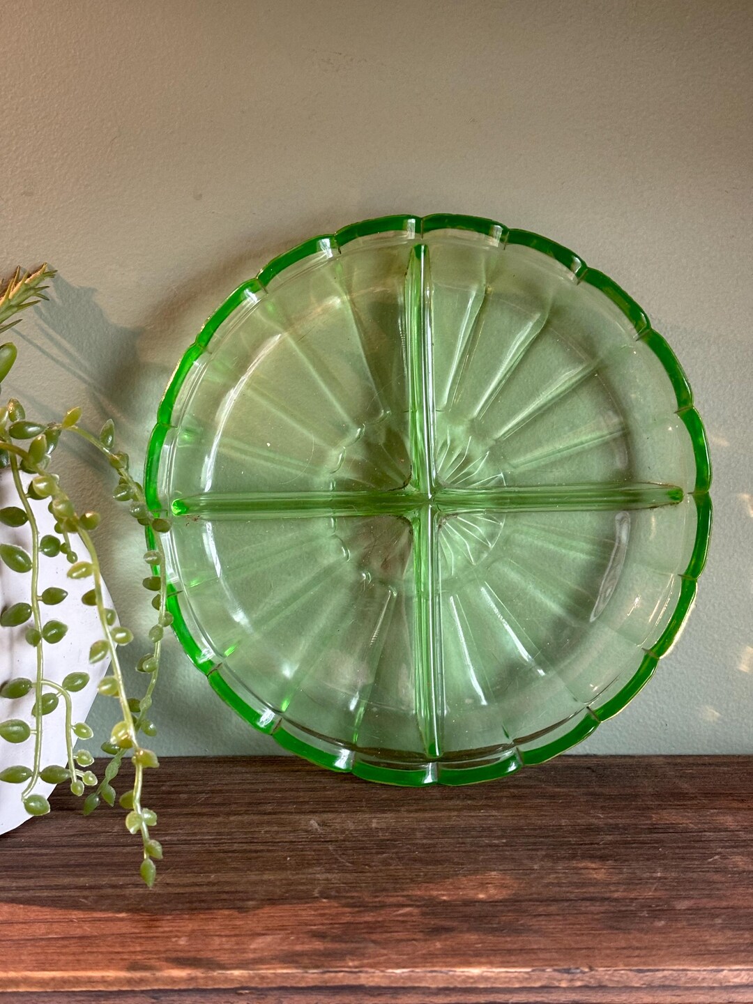 Vaseline Green Glass Sectioned Round Plate 7.25inches 1940s Era - Etsy