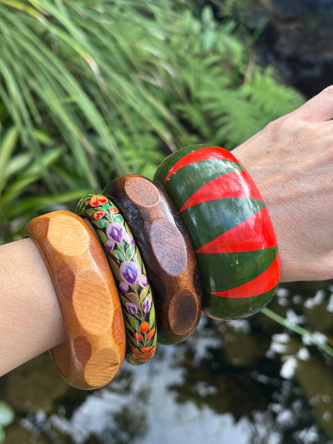 Vintage Painted Wood Bangle Set From India. 4 Different Wooden Bangles ...