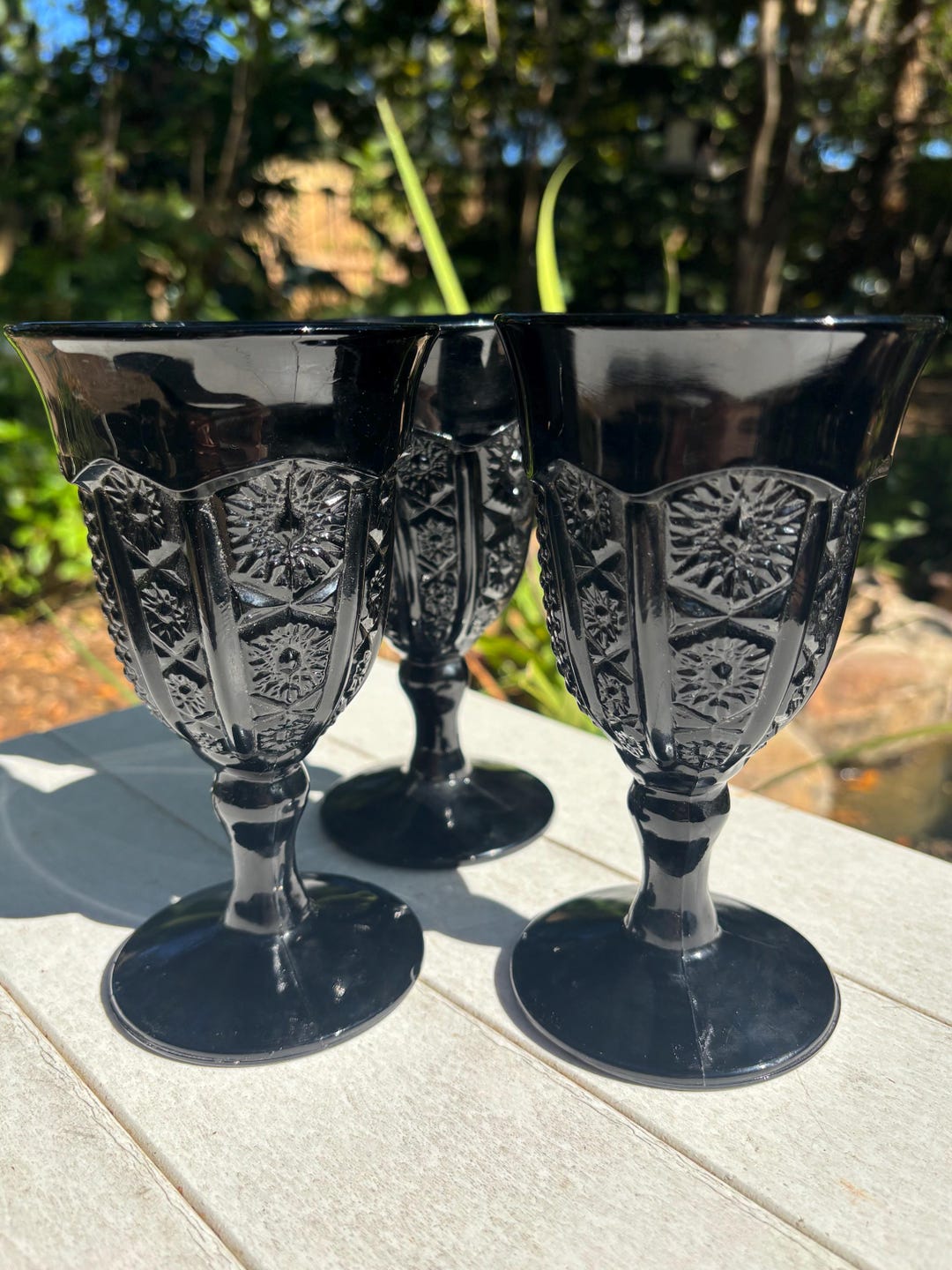 Vintage Gothic Black Glass Monarch Paneled Wine or Water Glasses From ...