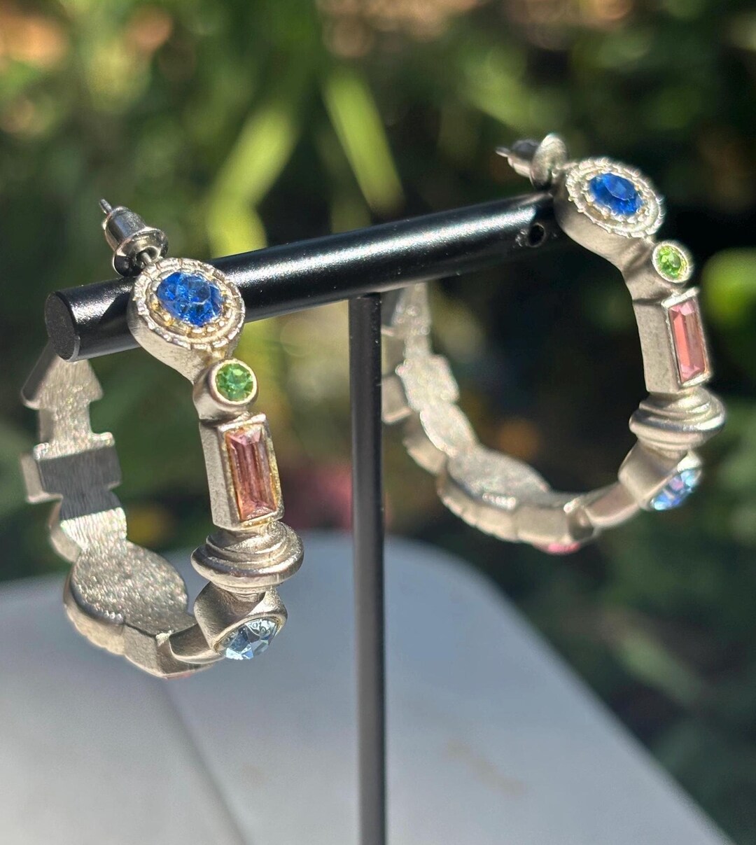 2000s Era Pewter and Rhinestone Multicolor Statement Hoop Post Earrings ...
