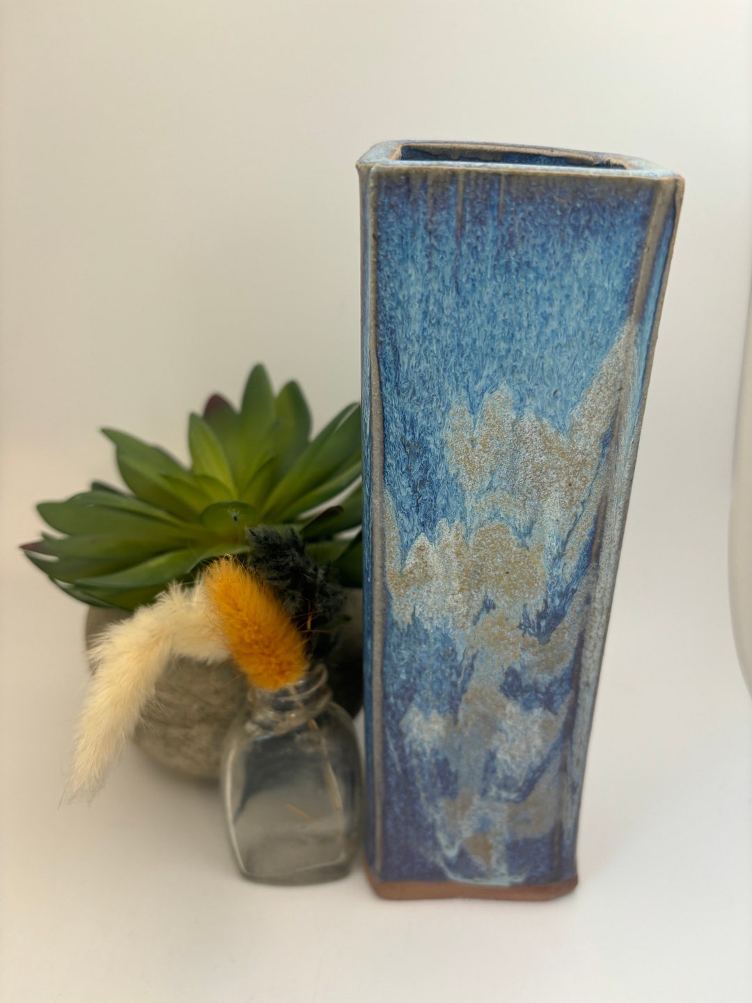Bogan Blue Slim Square Tall Floral Studio Pottery Vase. Vintage Bogan ...