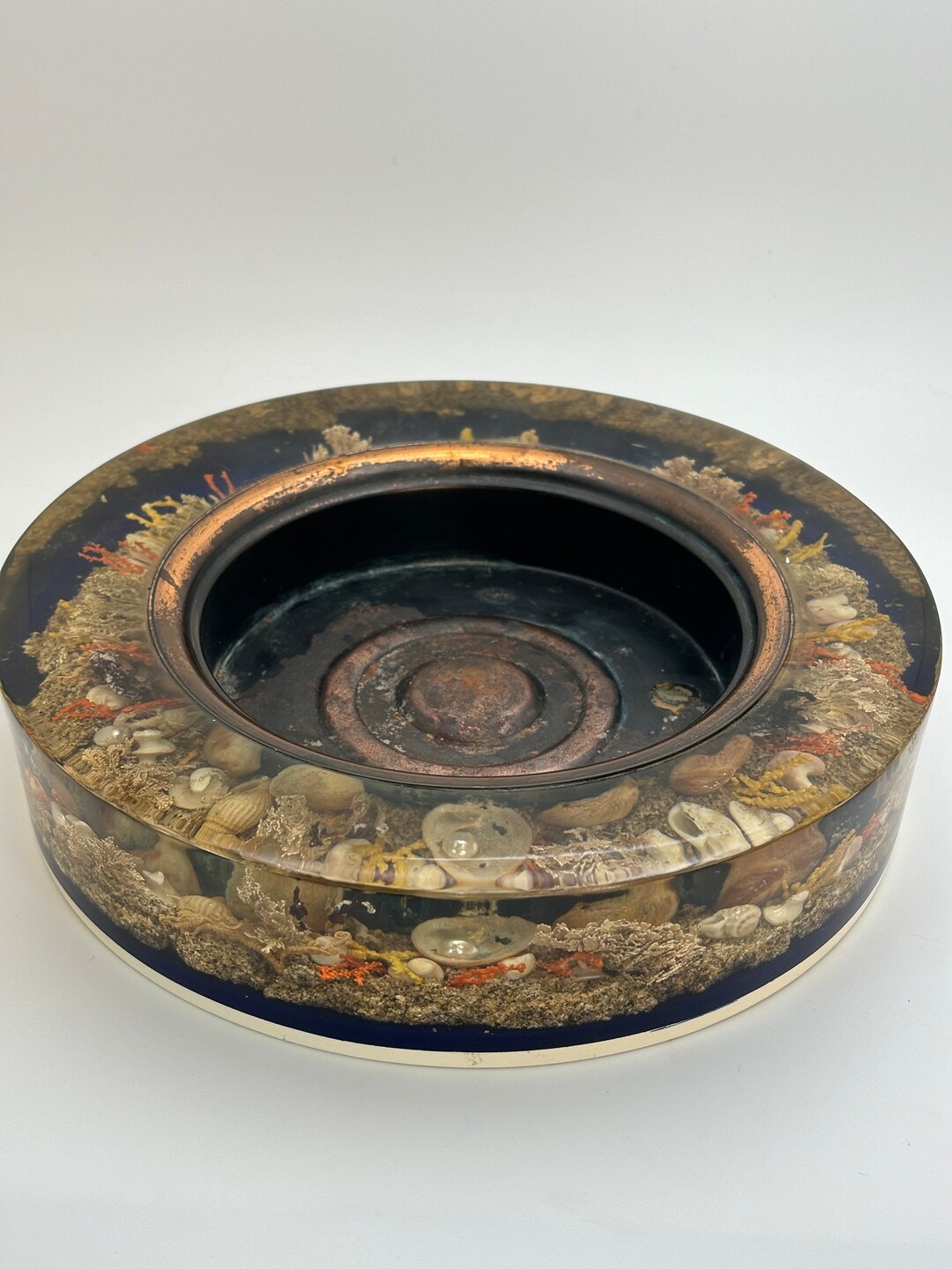 Mid Century Lucite Coral, Pearl and Shell Large Round Ashtray 1970's ...