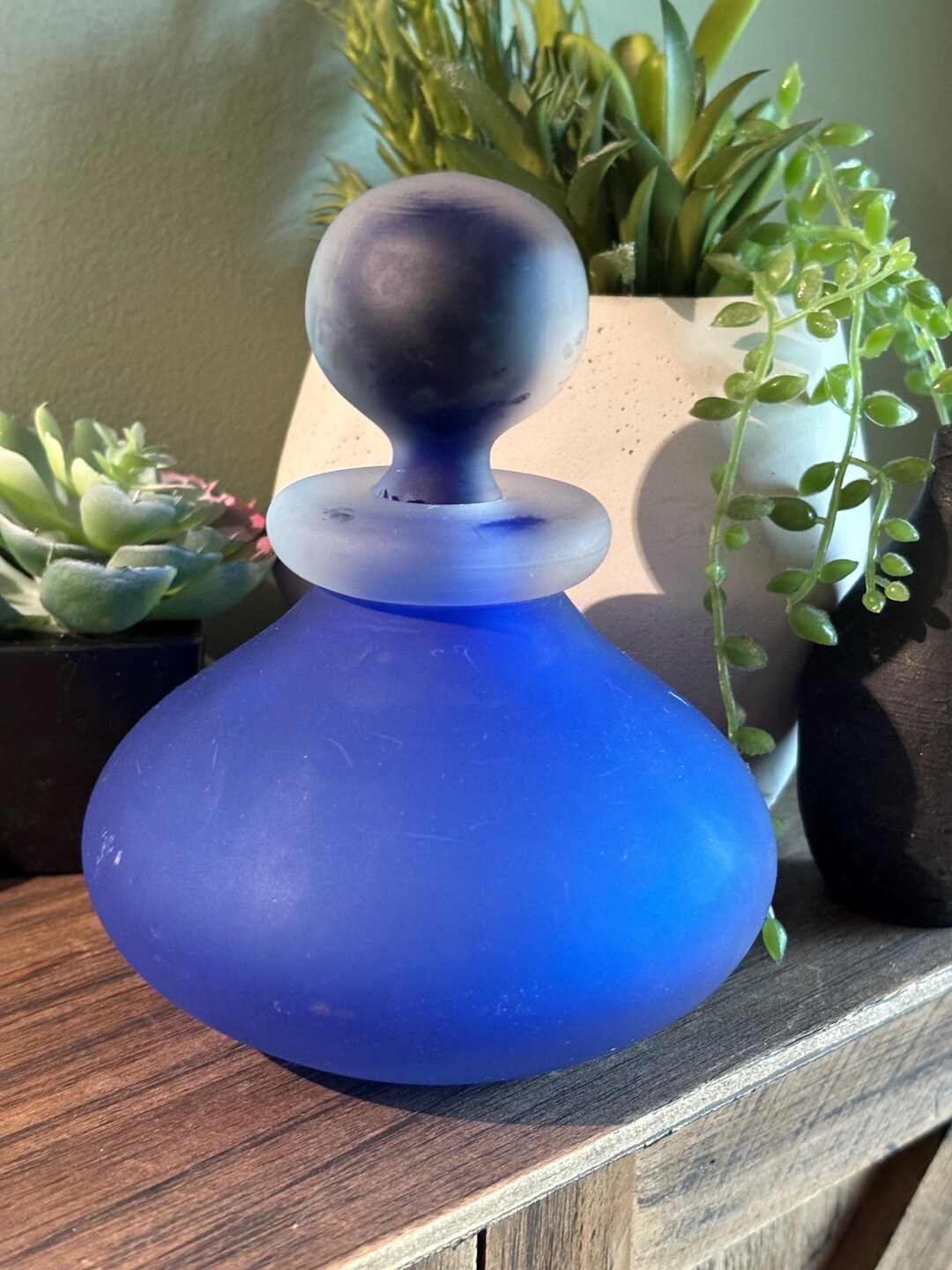 Frosted Cobalt Blue Glass Hand Made Perfume Bottle With Stopper From ...