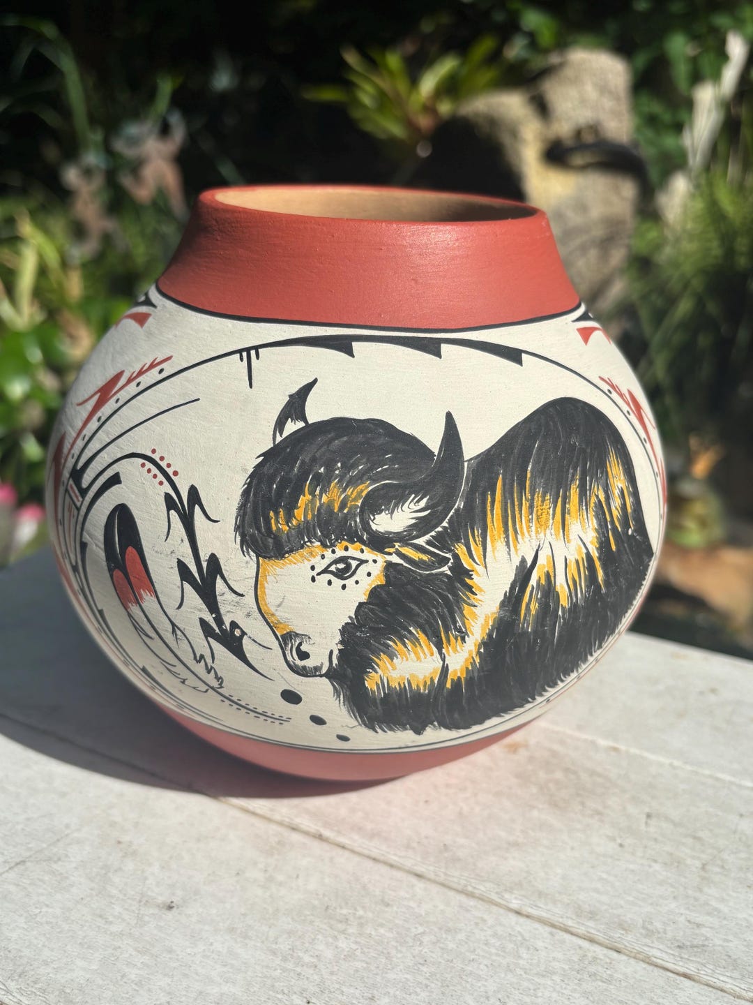 Vintage Jemez Pueblo Pottery Hand Painted Buffalo and Eagle Man Vase ...