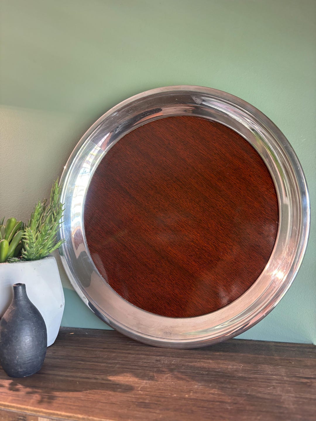 Mid Century Bar Tray With Silver Rim and Woodgrain Design. Vintage Bar ...