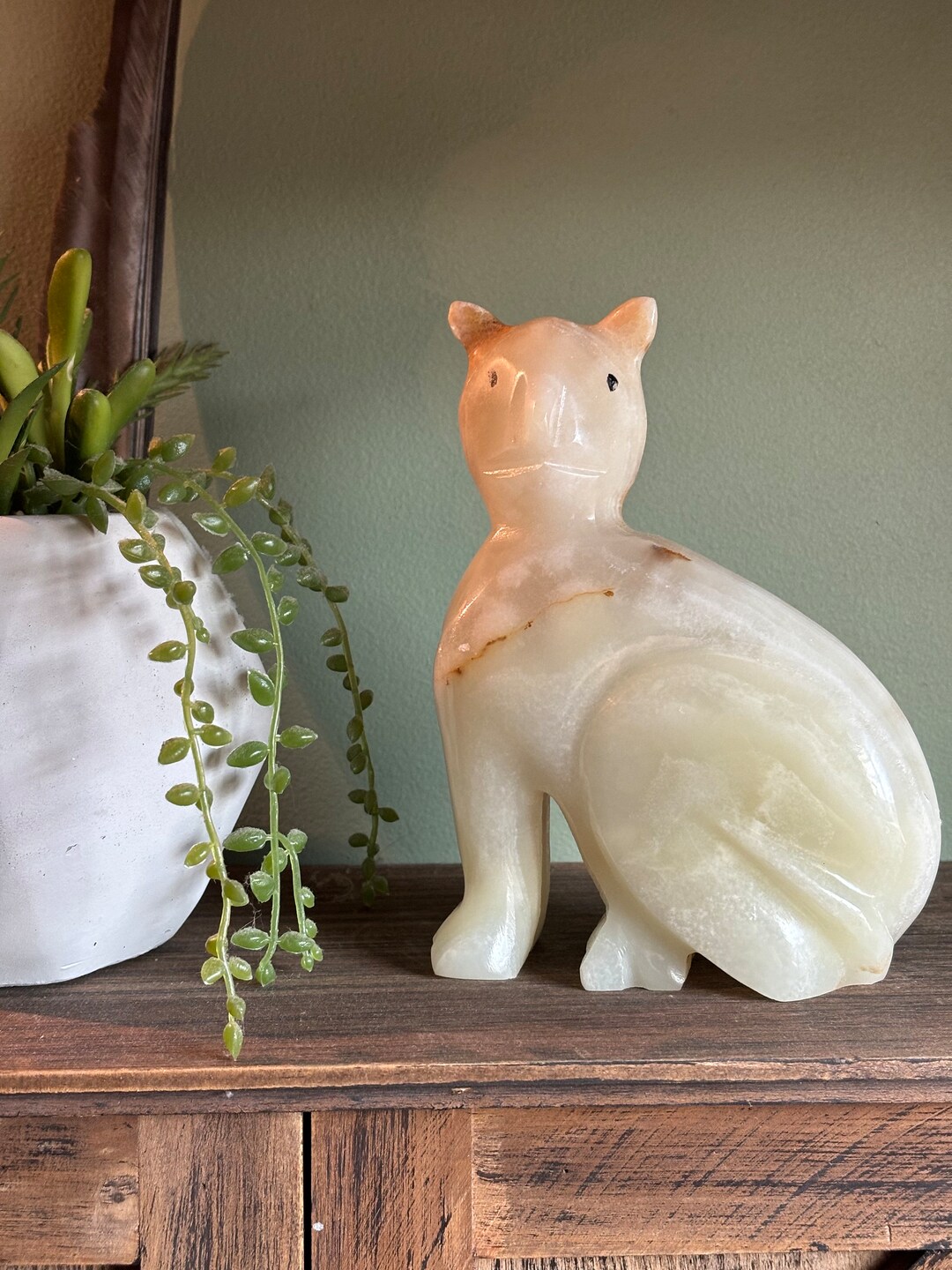 Vintage Onyx Cat Mid Century Statue. Natural Alabaster or White Onyx, Large Cat Carving for Home ...
