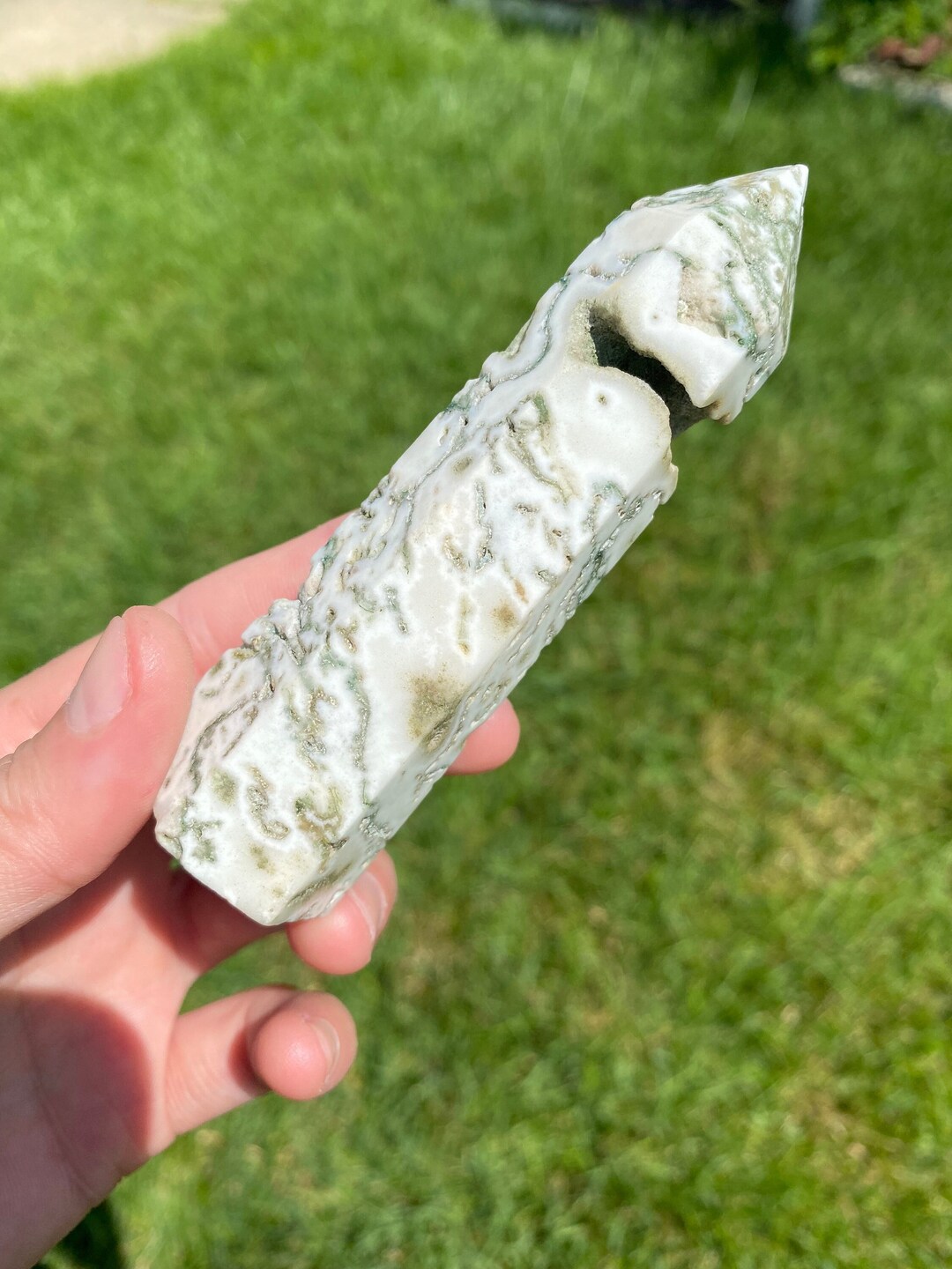 Tree Agate Druzy Crystal Tower: Natural Green and White Carving, 4.1 ...