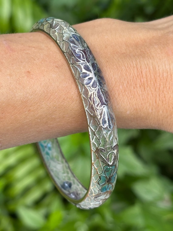 Antique Stained Glass Plique A Jour Floral Bangle Bra… - Gem
