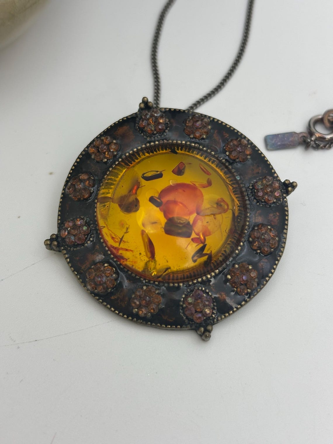 Amber Resin and Enamel Round Pendant Vintage Merlite Brand Jewelry From ...