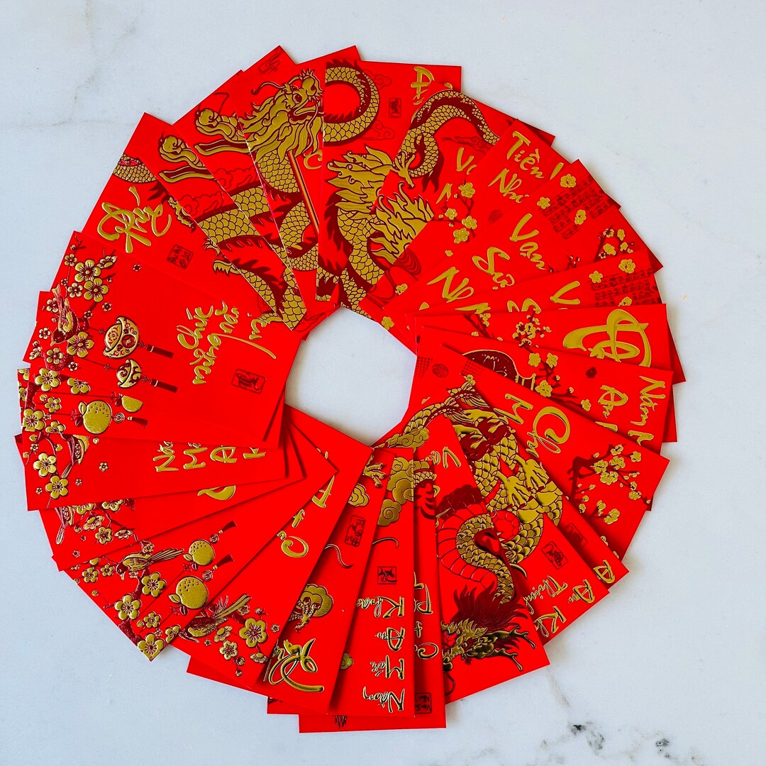 24 Pieces Vietnamese New Year Red Lucky Envelopes Large Size 6.5x3.5 ...