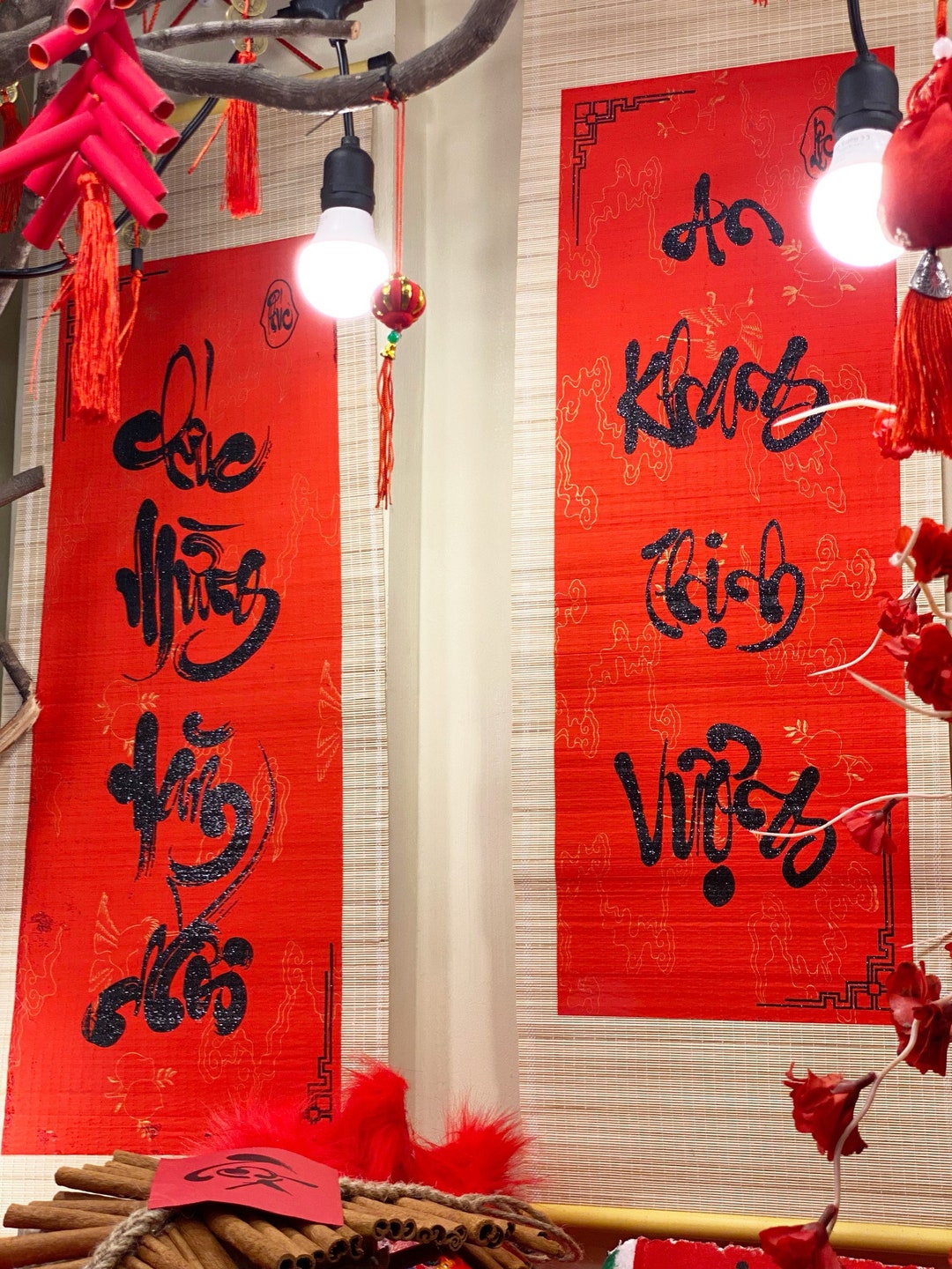 Vietnamese Lunar New Year Couplets: Red Calligraphy Wall Decor (12x38 ...